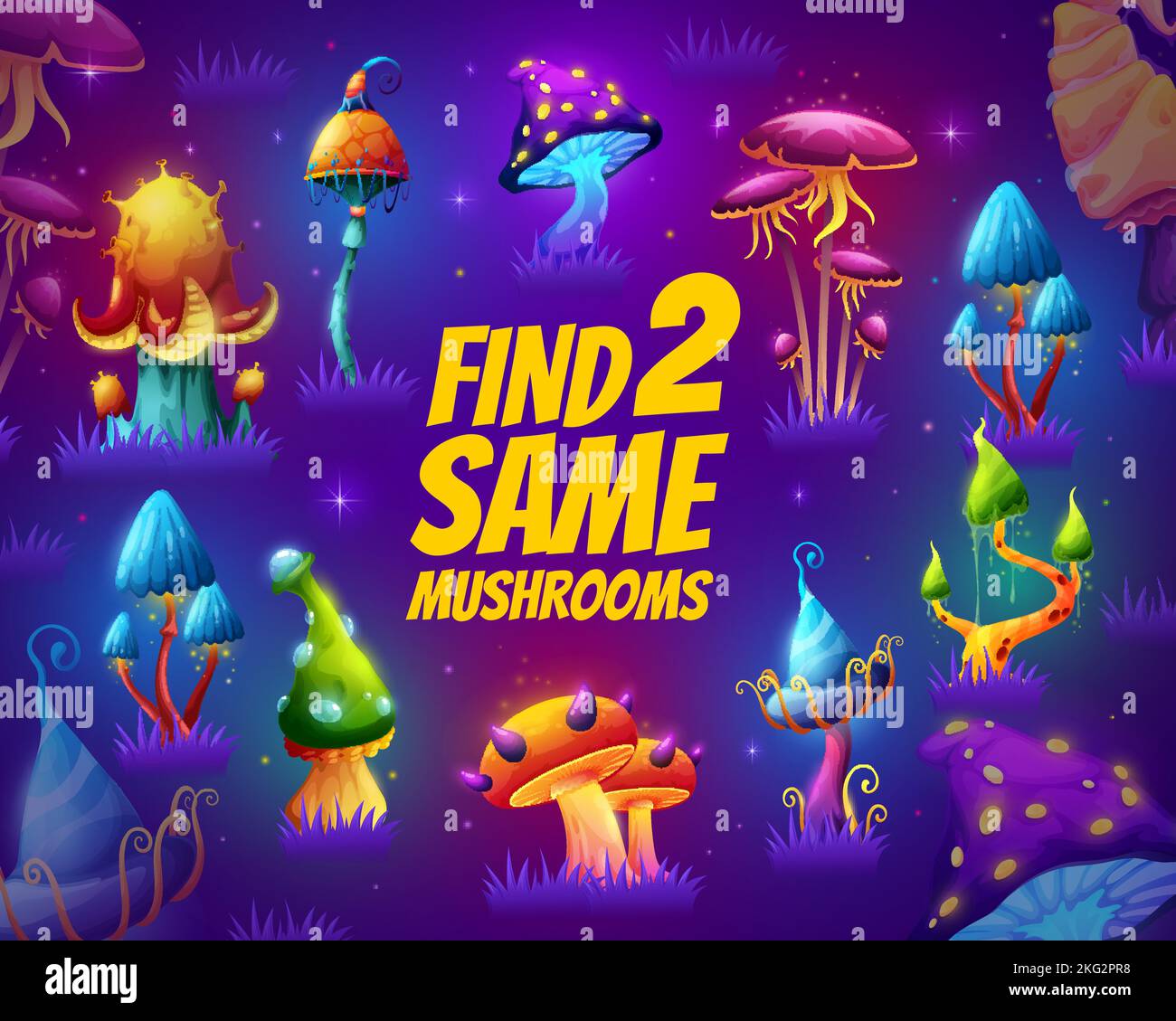 Find two same magic mushrooms. Kids game worksheet, kindergarten child ...