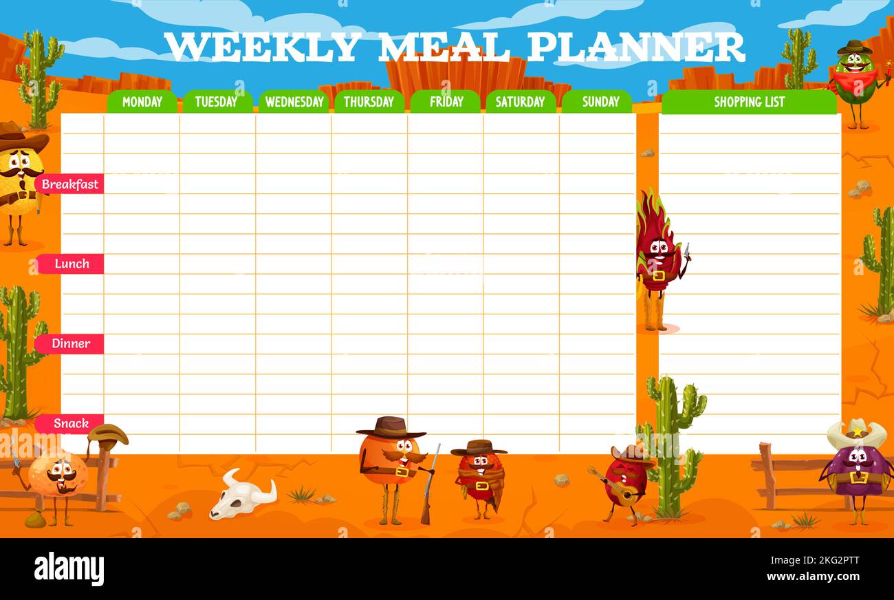 Weekly meal planner of Western cartoon cowboy, bandit and ranger fruit ...