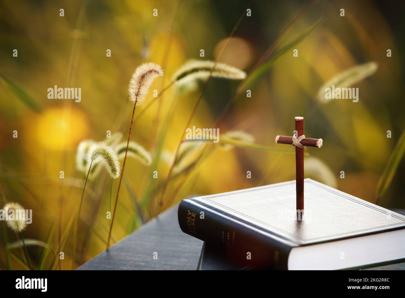 Yellow autumn field landscape with field grass and holy cross of Jesus ...