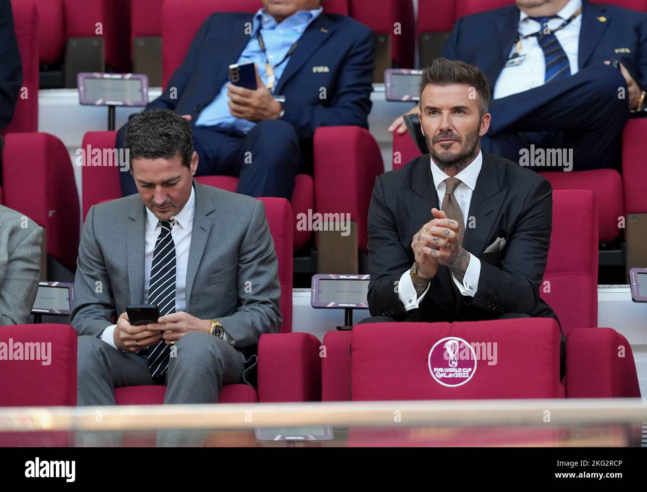 Dave Gardner (left) and David Beckham (right) in the stands before the ...