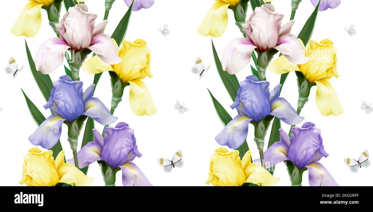Seamless pattern of flower ornament irises and butterflies on a light ...