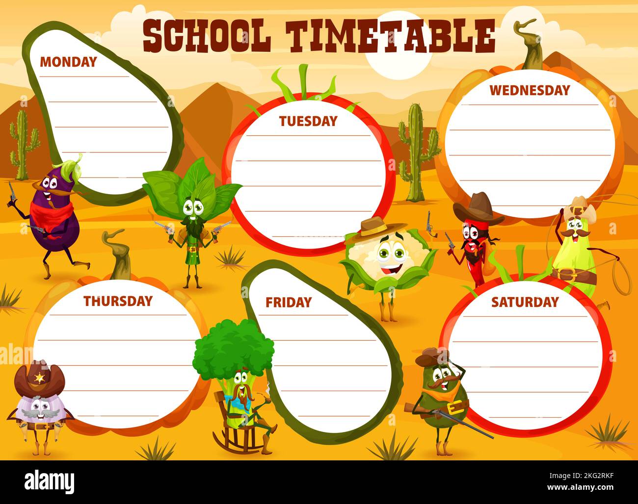 Timetable schedule. Cartoon cowboy, bandit, sheriff and ranger ...