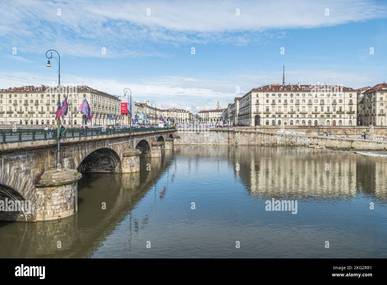 Turin, Italy - 05-06-2022: The murazzi and the Vittorio Emanuele bridge ...