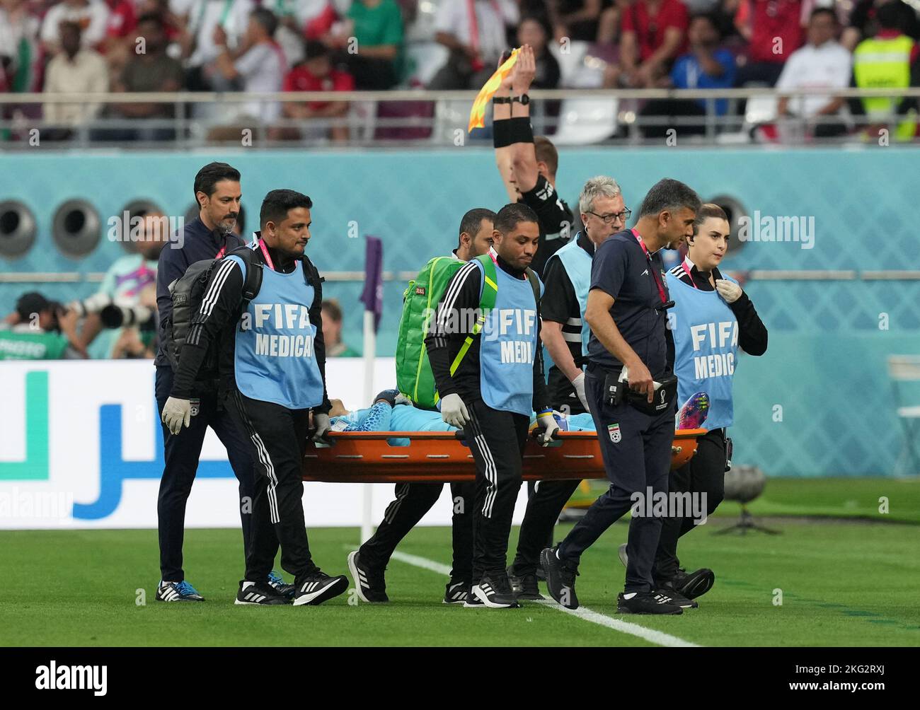 Iran goalkeeper Alireza Beiranvand is carried off on a stretcher during ...