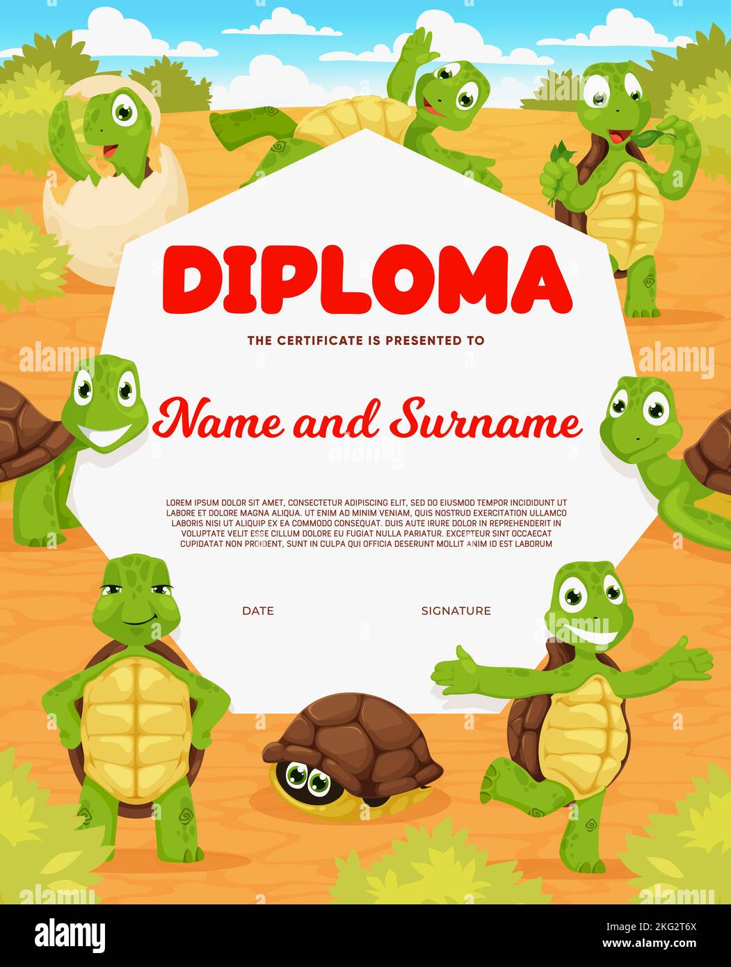 Kids diploma. Cartoon turtles. Cheerful tortoise animal characters on ...
