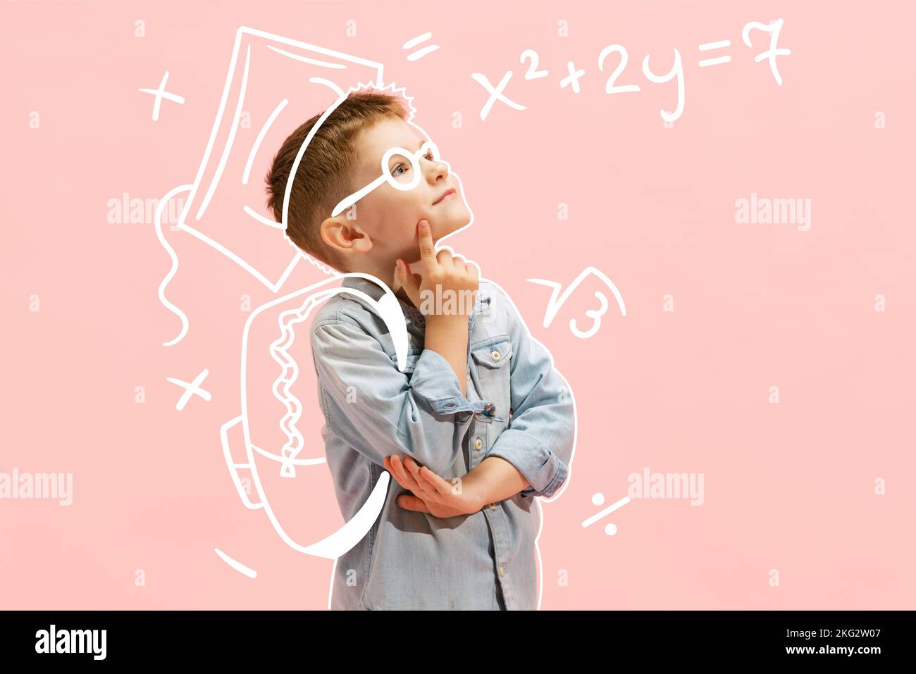 Creative design with drawn elements. Little thoughtful boy counting ...