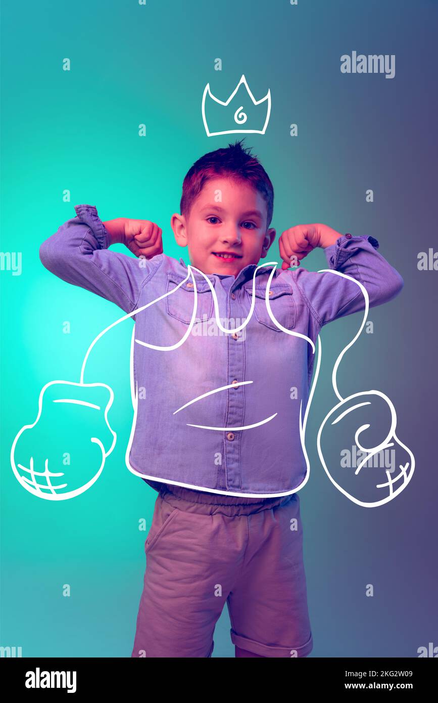 Creative design with drawn elements. Portraits of little boy, child ...