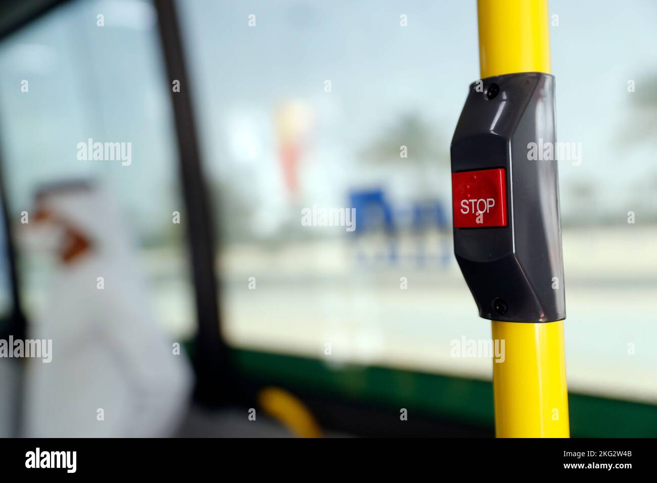 Bus stop button for getting off. Public transportation Stock Photo - Alamy