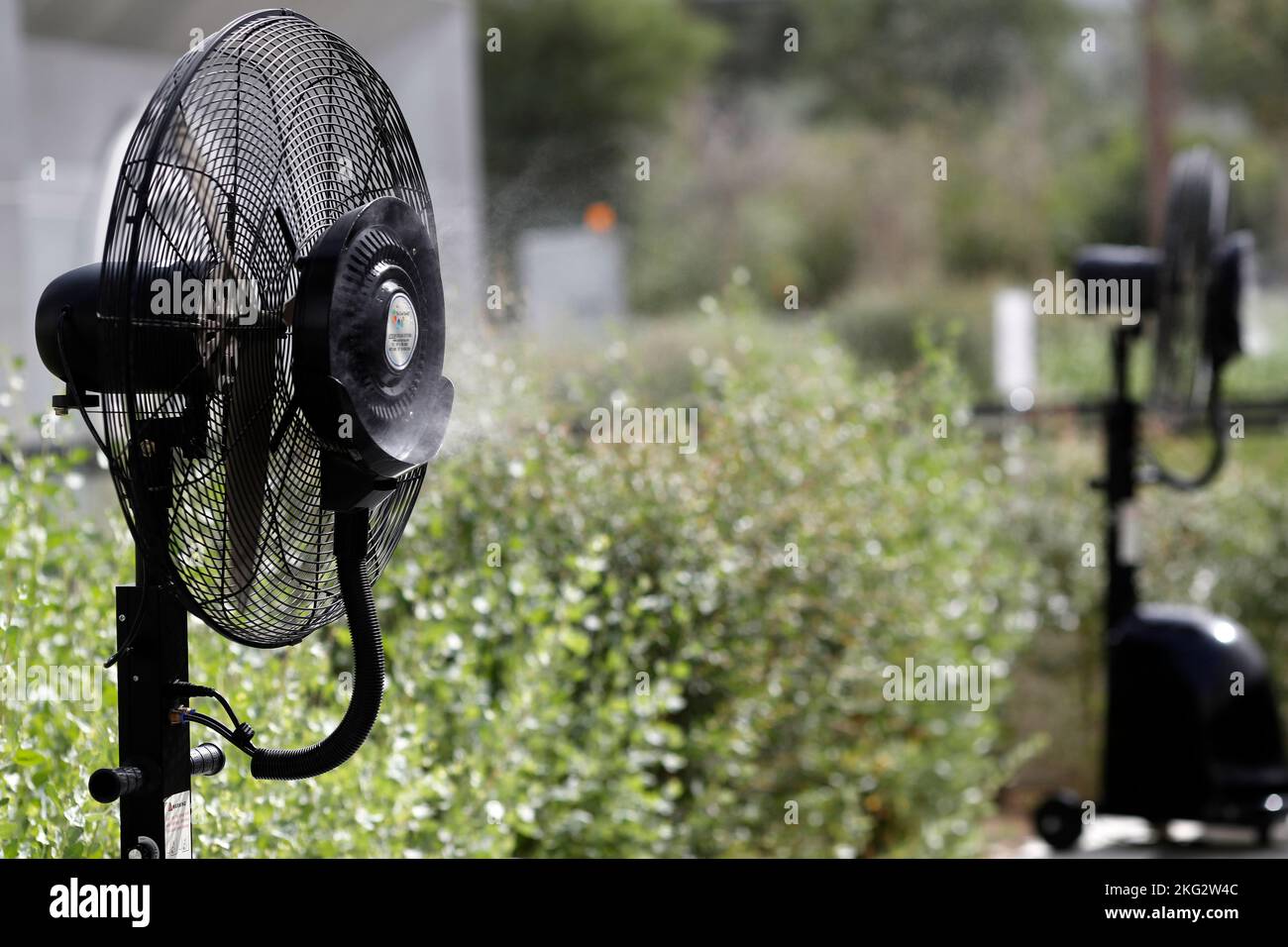 A fresh moisturized breeze air blowing from big cooling fan machine ...