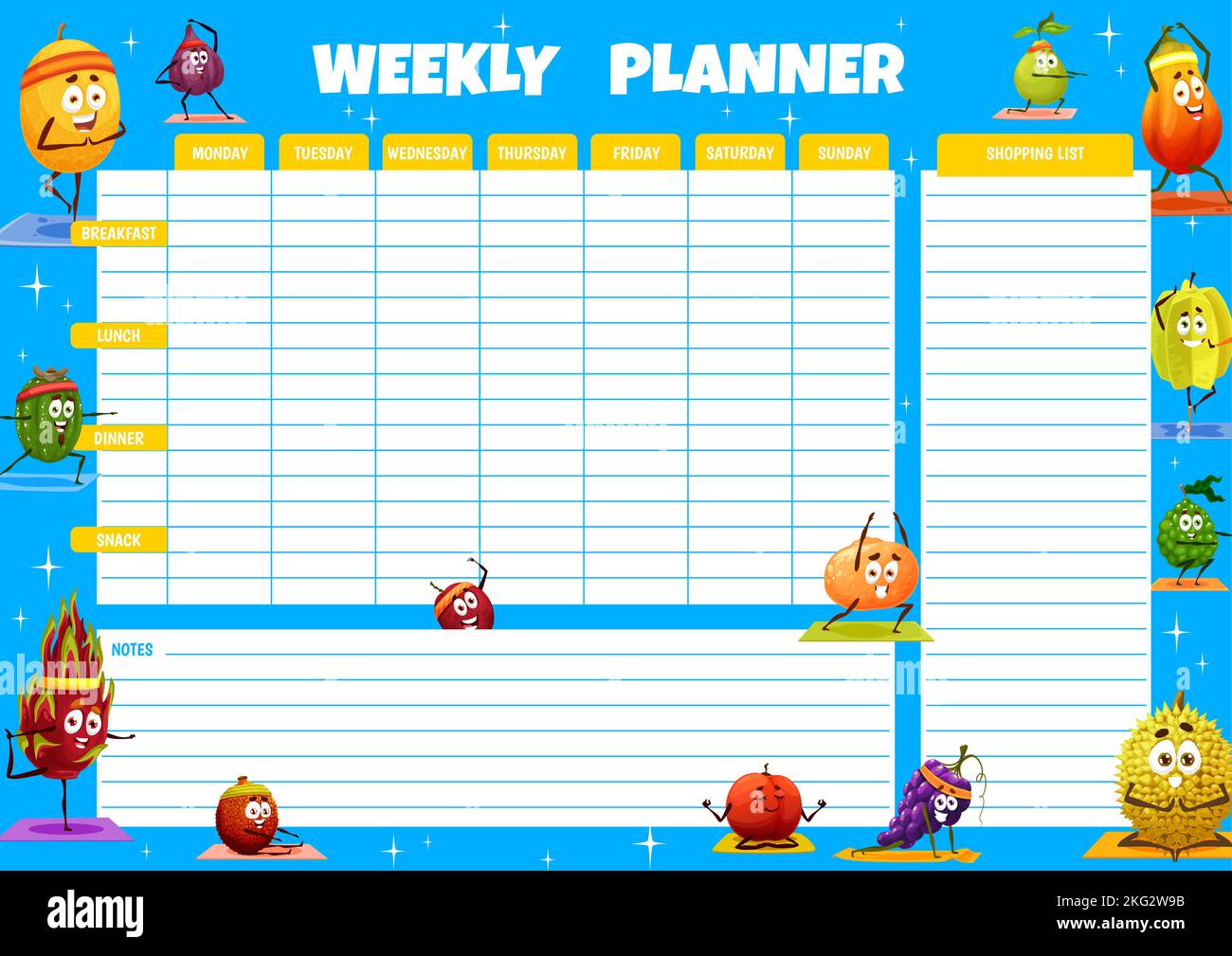 Weekly planner with cartoon fruits on yoga fitness. Diet menu week ...