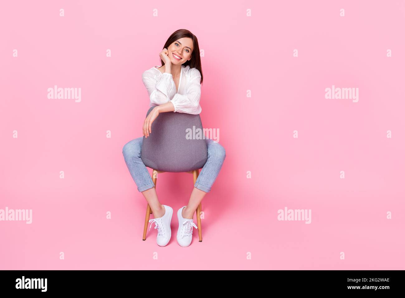 Full length photo of nice glamorous lady wearing stylish denim white ...