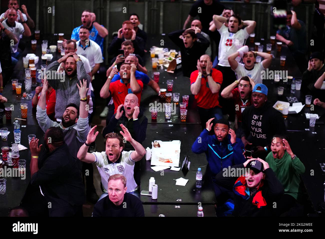 Olly Murs and England fans at BoxPark Wembley react during a screening ...