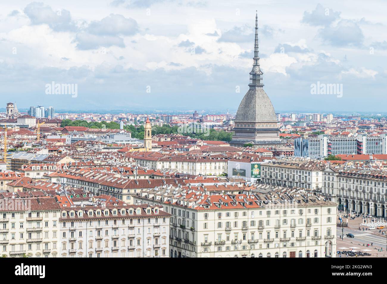 Turin, Italy - 05-06-2022: Aerial view of the skyline of Turin with the ...