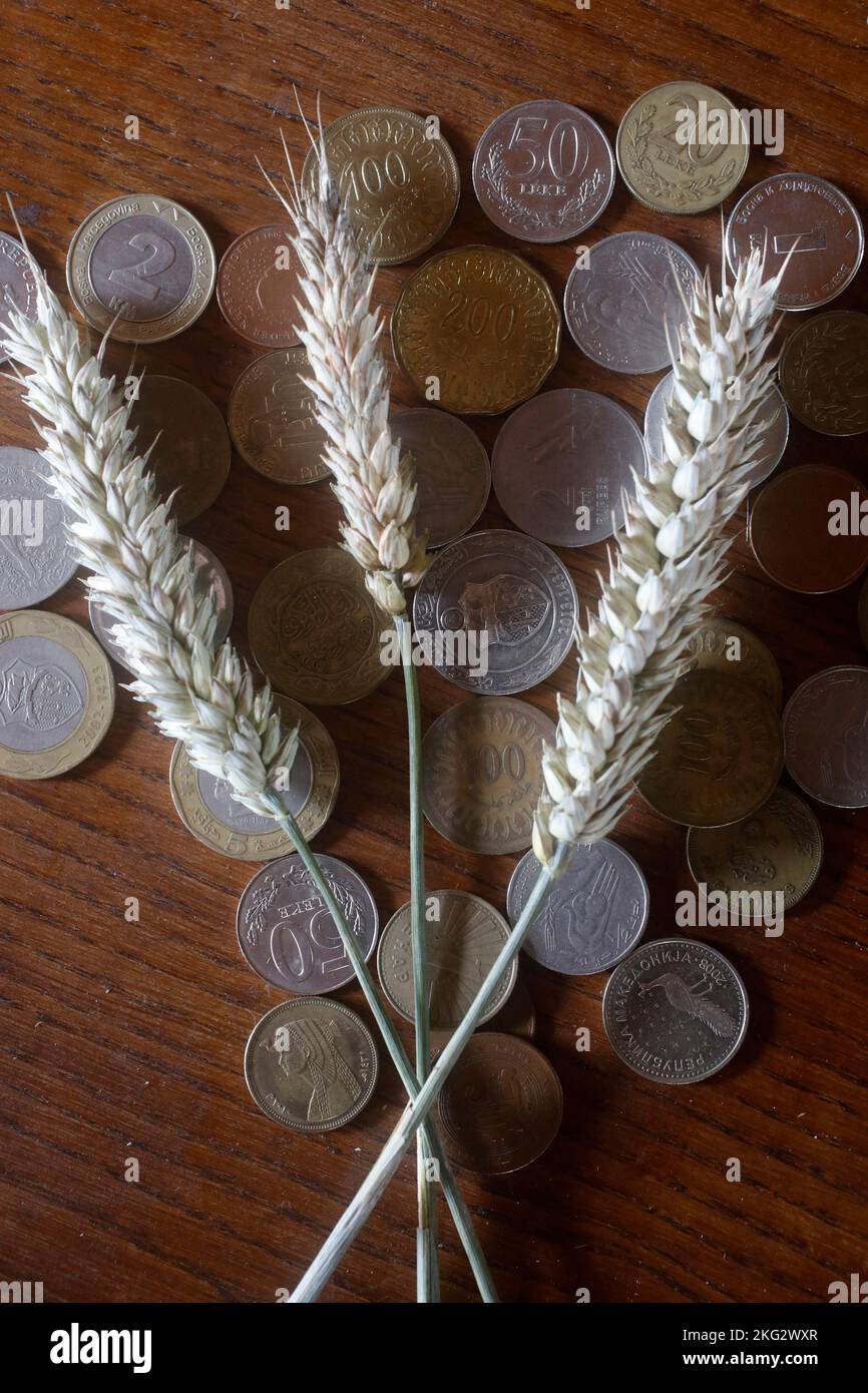 Ears of wheat and coins Stock Photo - Alamy