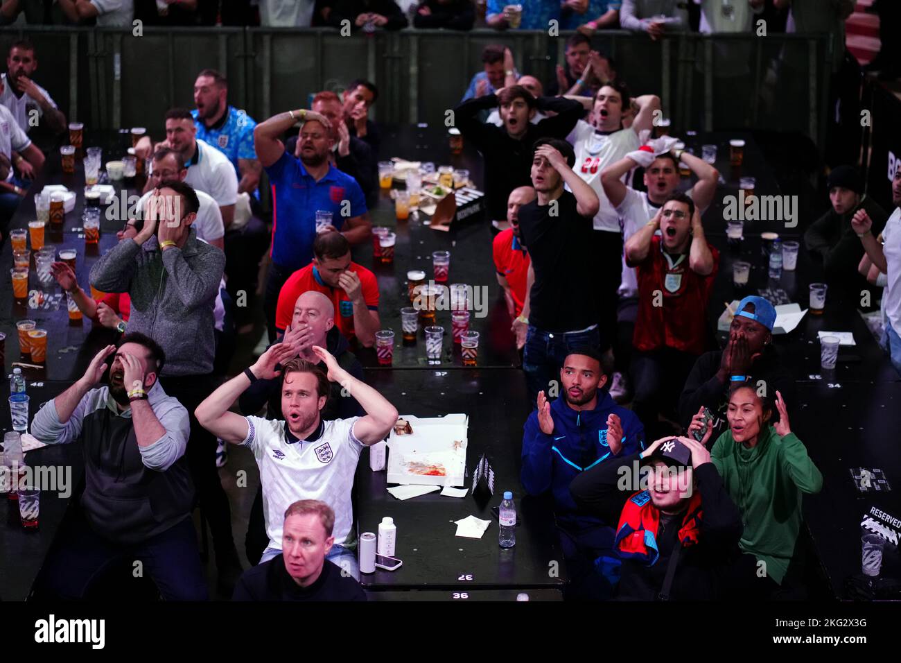 Olly Murs and England fans at BoxPark Wembley react during a screening ...