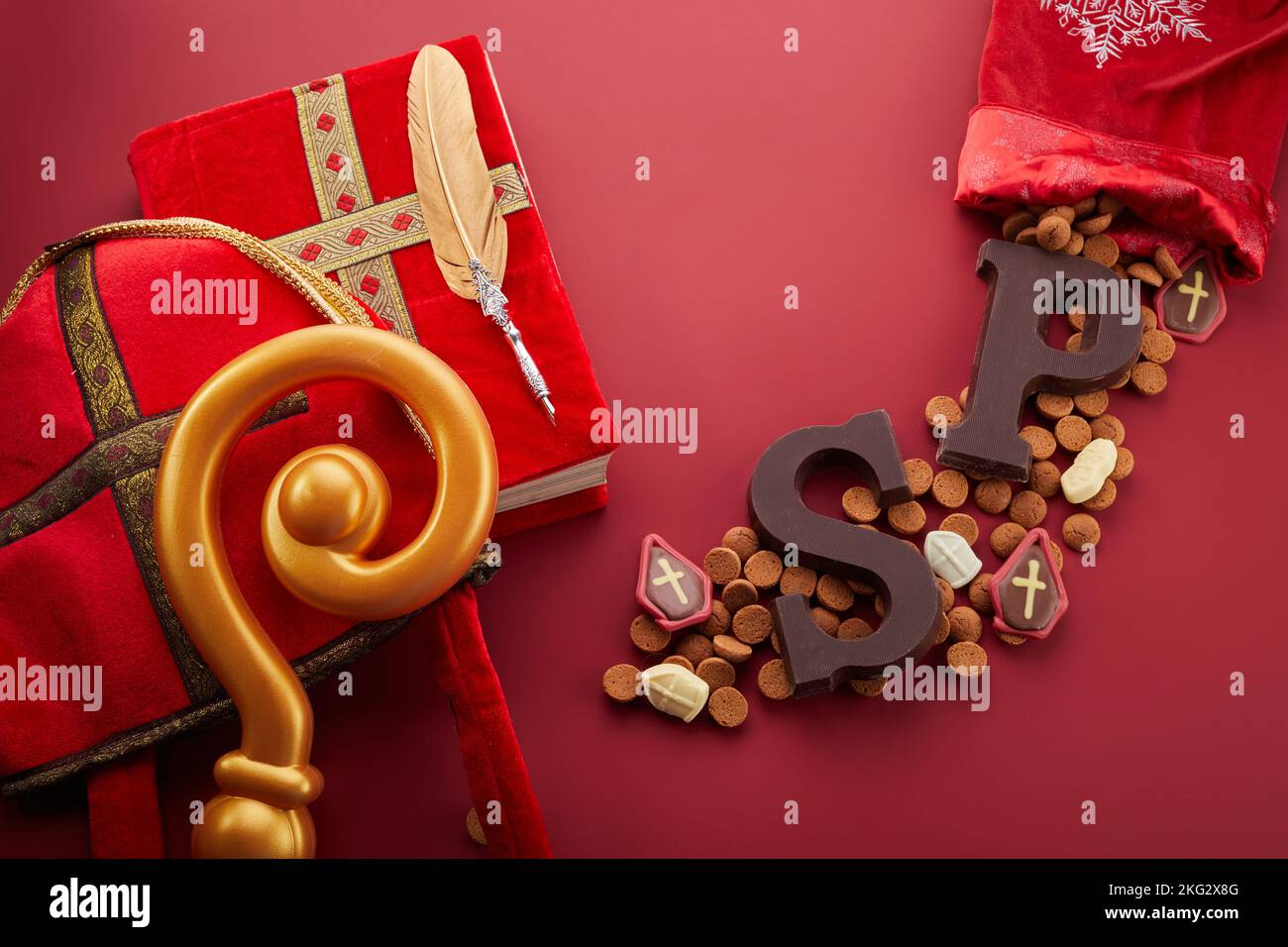 Dutch holiday Sinterklaas background with mitre or mijter staff and ...