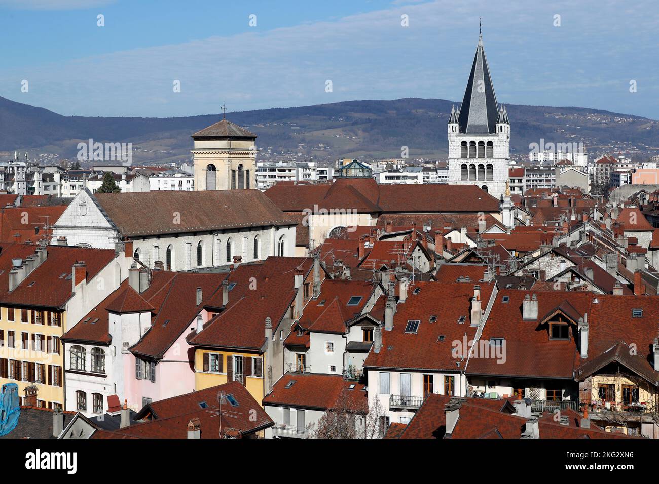 Aerial view of the city of Annecy yn the french Alps. Notre Dame de ...