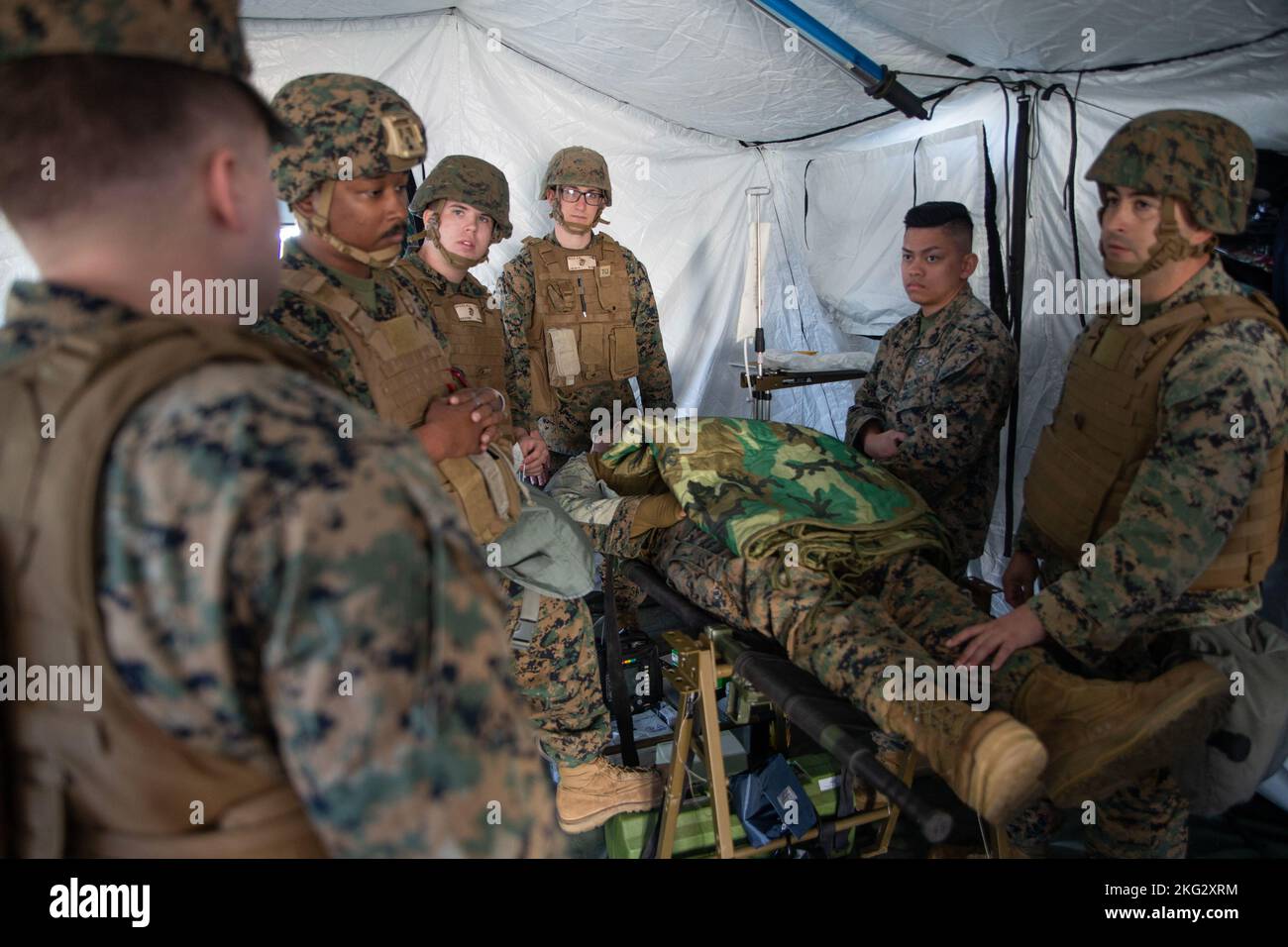 U.S. Navy Hospital Corpsmen with Marine Aircraft Group (MAG) 12 discuss ...