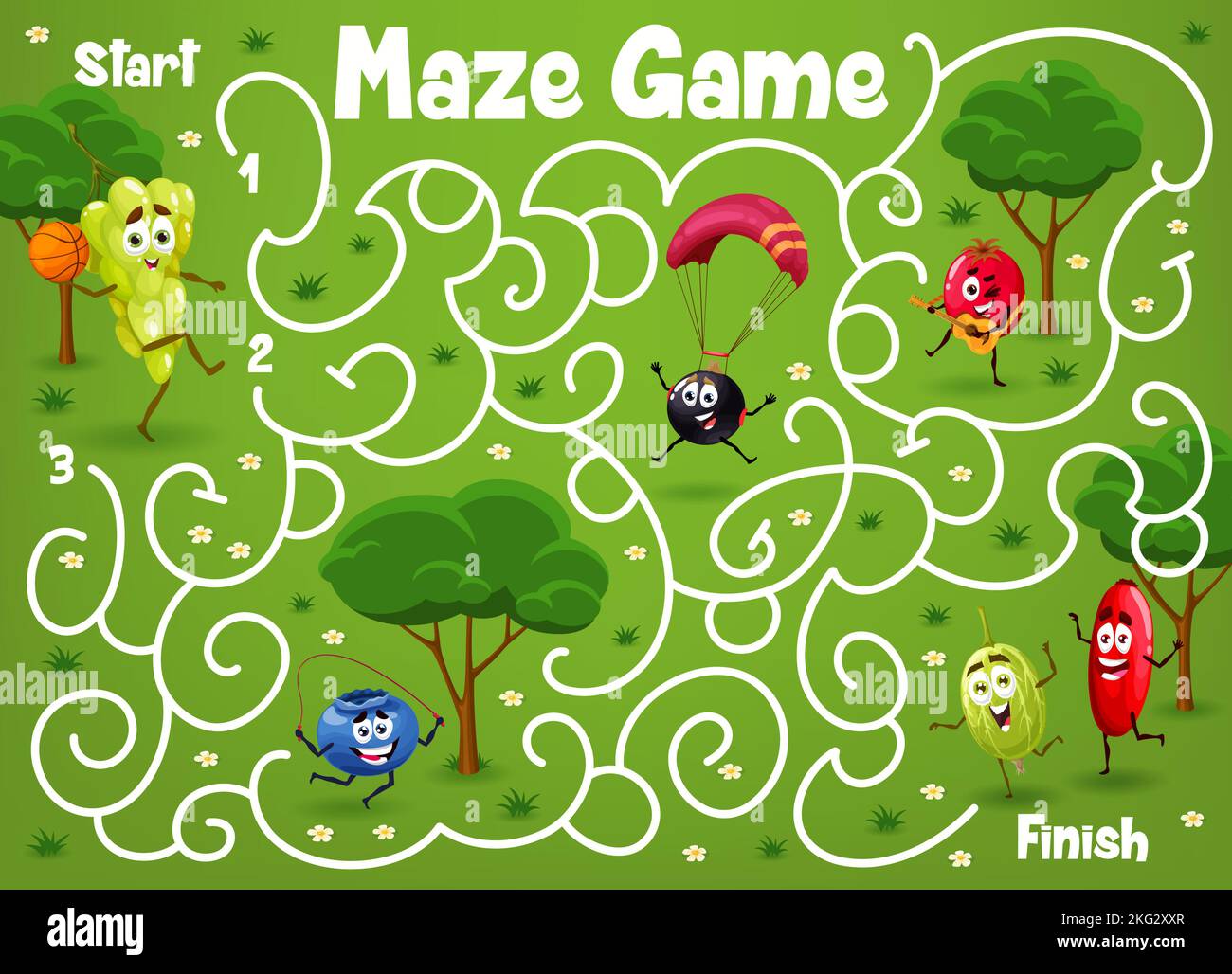 Labyrinth maze. Cartoon berry characters on summer vacation. Kids ...