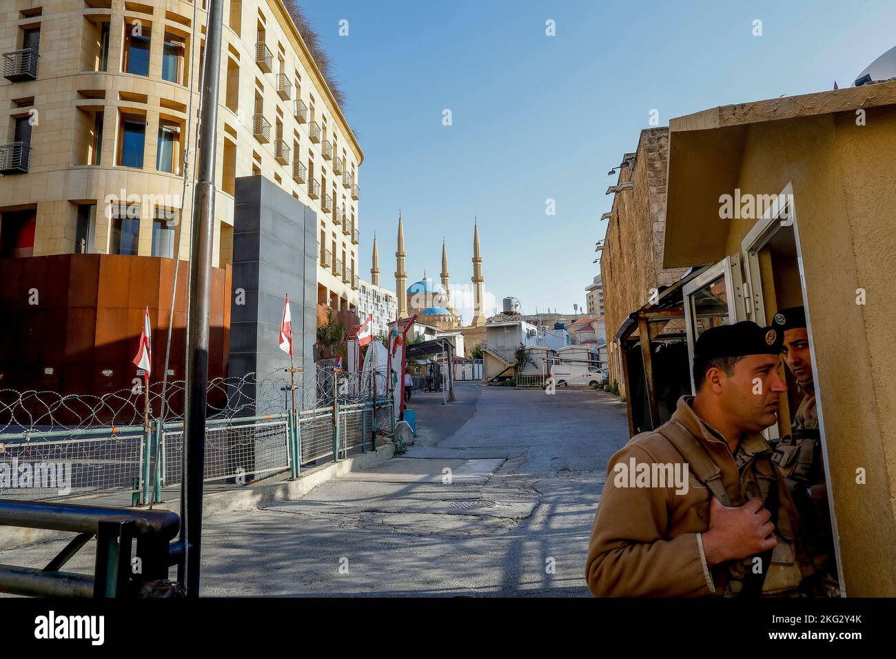 Military checkpoint at the entrance of a restricted area in downtown ...
