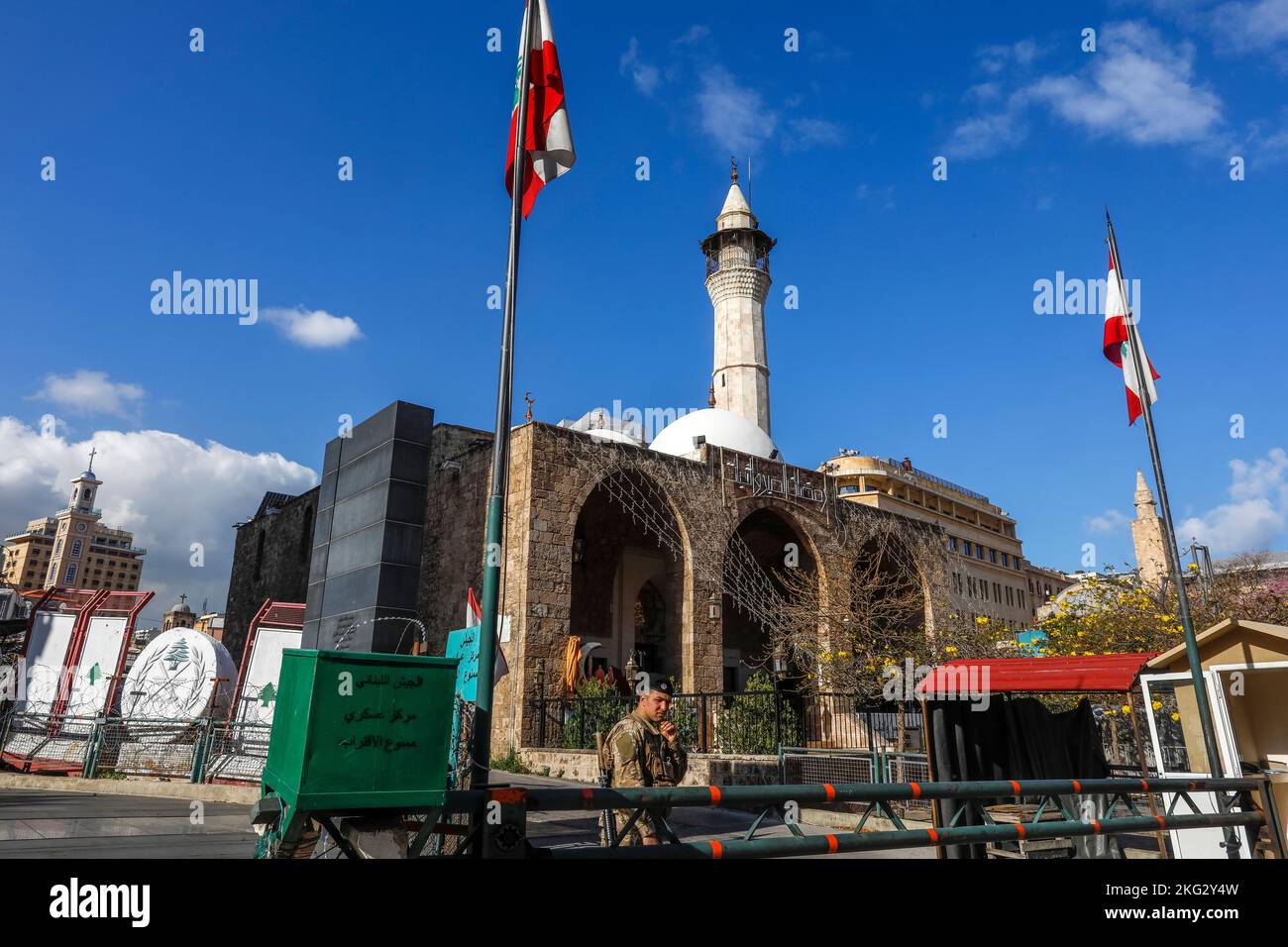 Military checkpoint at the entrance of a restricted area in downtown ...