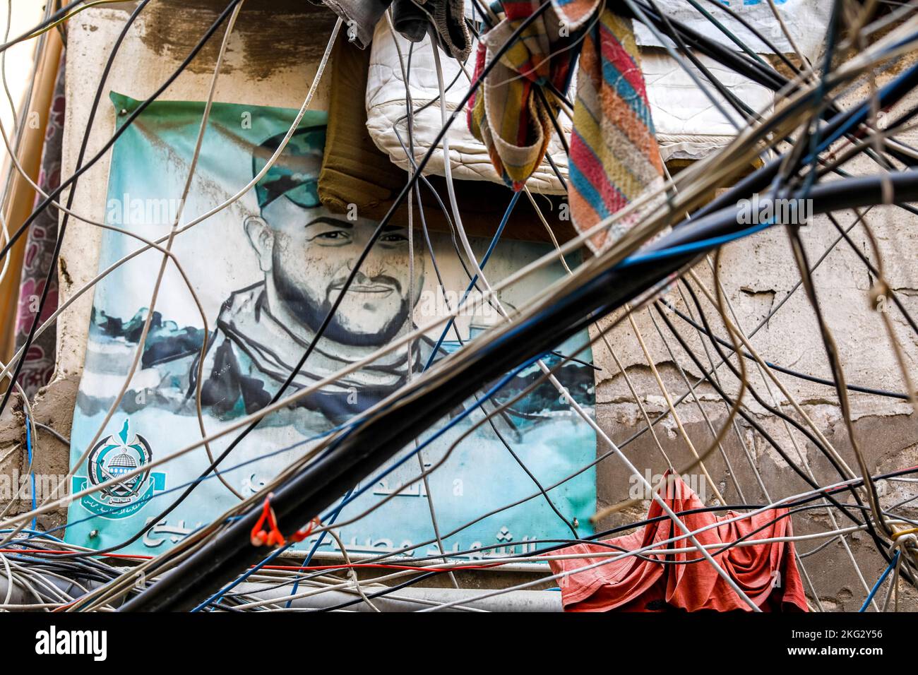 Wires and propaganda in Shatila refugee camp, Beirut, Lebanon Stock ...