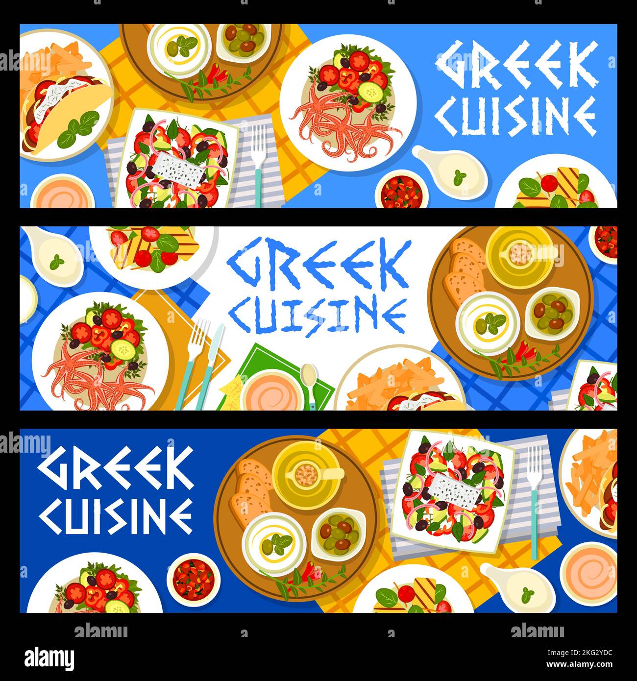 Greek cuisine banners, Greece food dishes and Mediterranean menu ...
