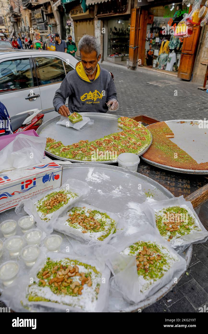 Pastries sold in the old Saida market during Ramadan, Lebanon Stock ...
