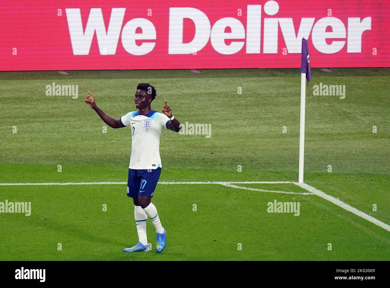 England's Bukayo Saka scores scoring the second goal of the game during ...