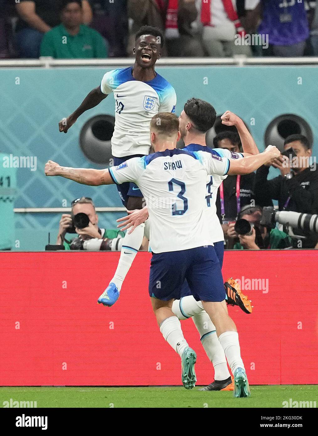Englands Bukayo Saka Left Celebrates Scoring Their Sides Second