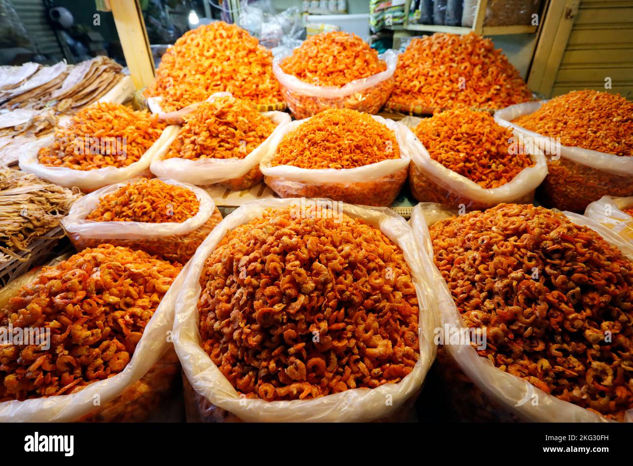 Traditional asian fish market stall full of dried shrimps. Phnom Penh ...