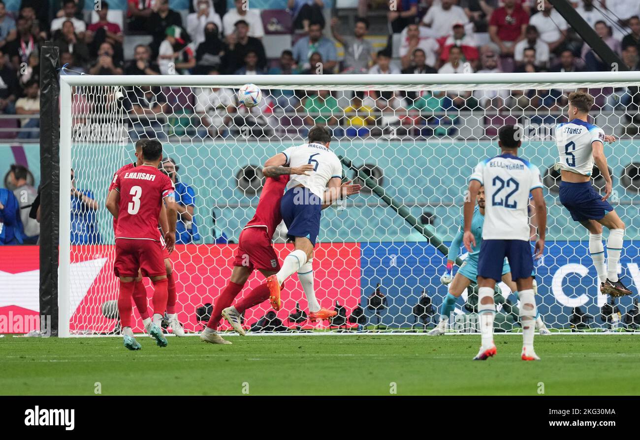 England's Harry Maguire hits the frame of the goal with a header during ...