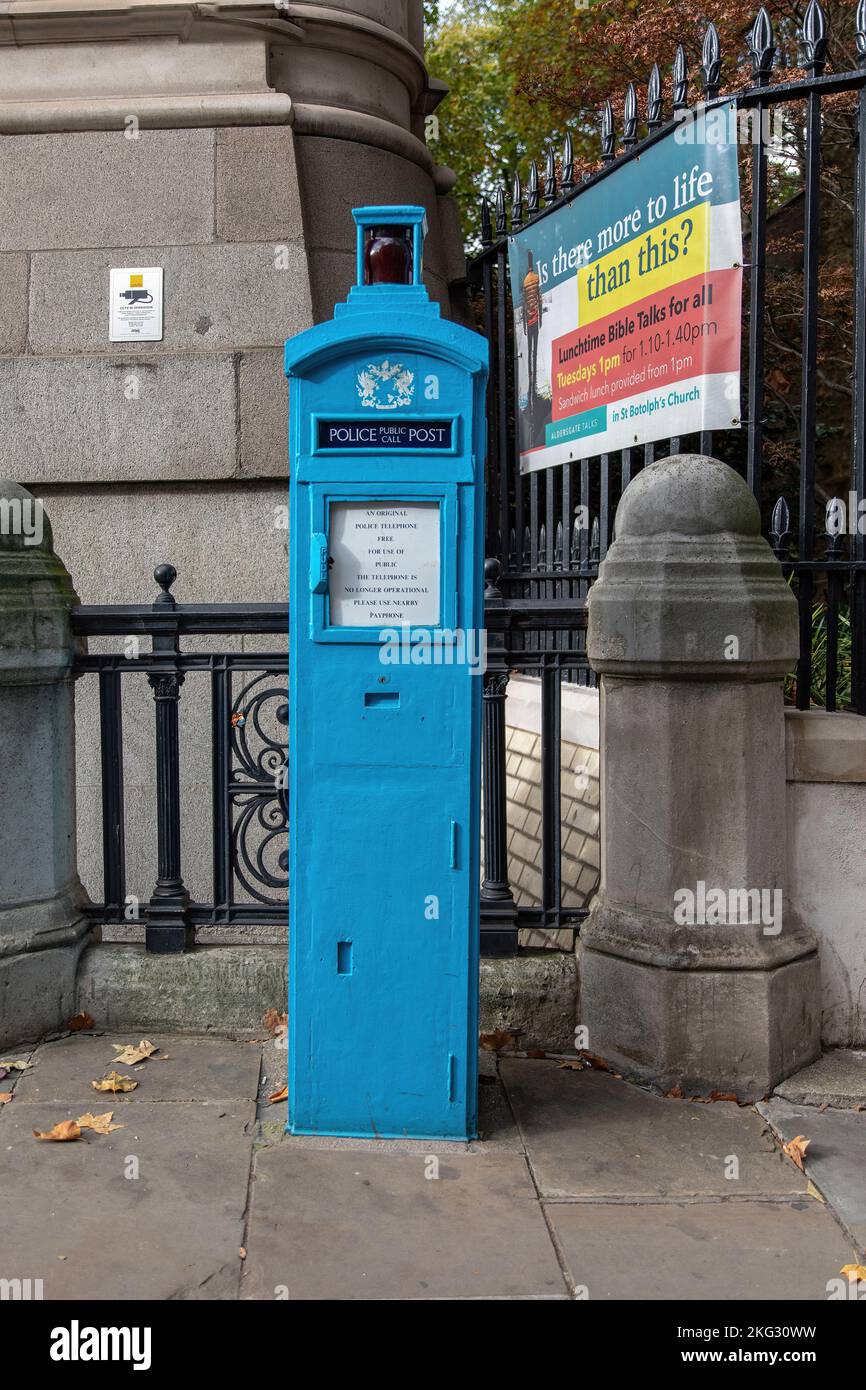 A public police telephone box outside Postman's Park Stock Photo - Alamy