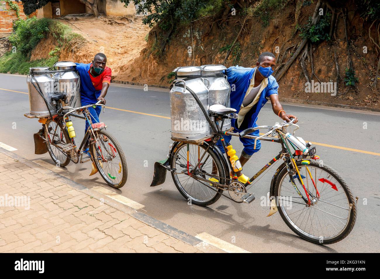 Men pushing bikes loaded with milk containers in Kigali, Rwanda Stock ...