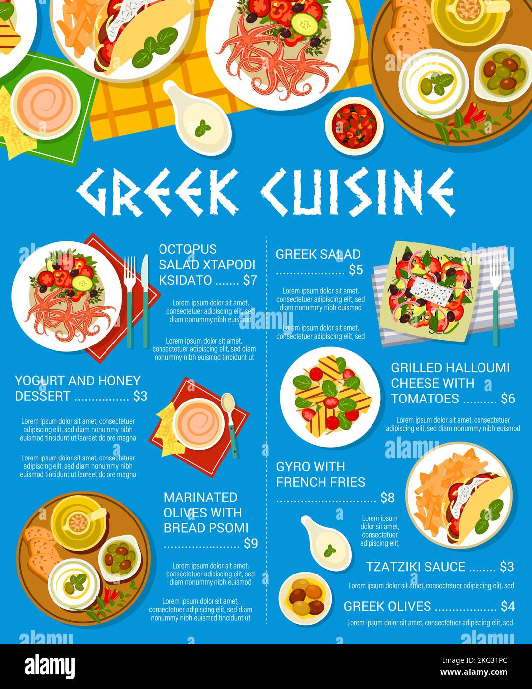 Greek cuisine menu, food of Greece, vector salads and Mediterranean ...