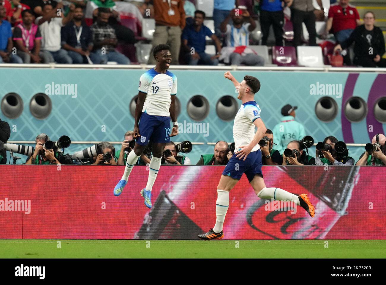 England's Bukayo Saka celebrates scoring the second goal with Declan ...