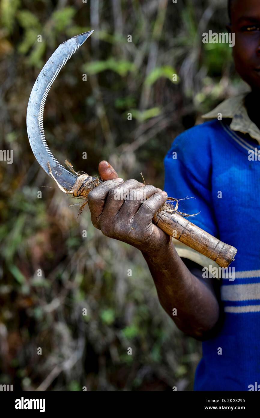 Boy holding a sickle in Northern Rwanda Stock Photo - Alamy