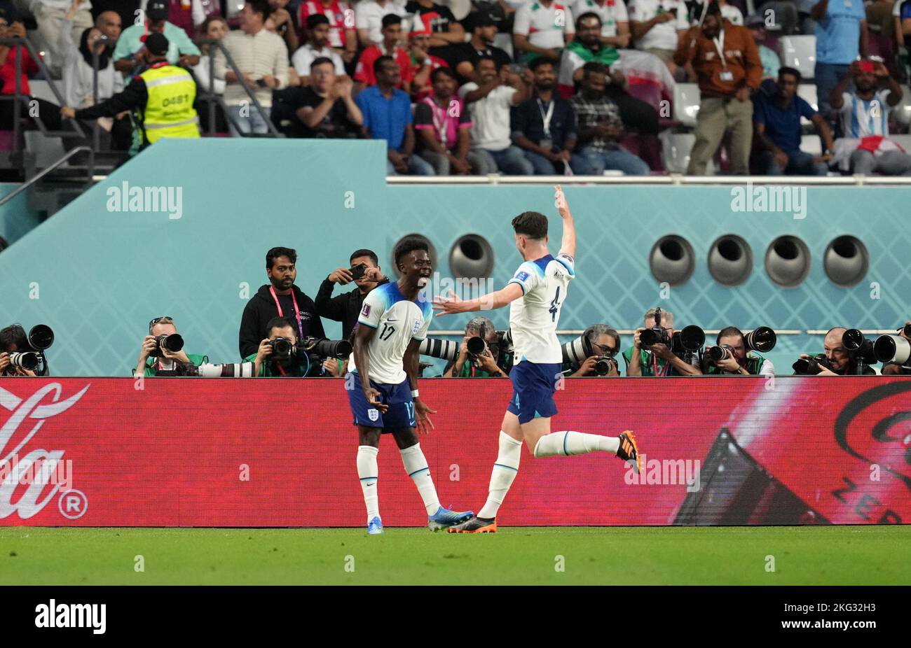 England's Bukayo Saka celebrates scoring the second goal with Declan ...