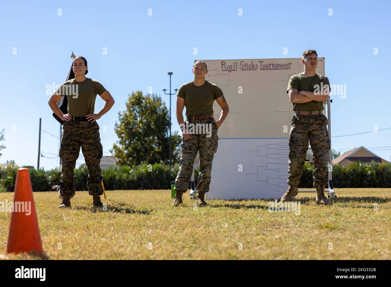 U.S. Marines with Headquarters Battalion, Marine Force Reserve, take part in a pugil stick ...