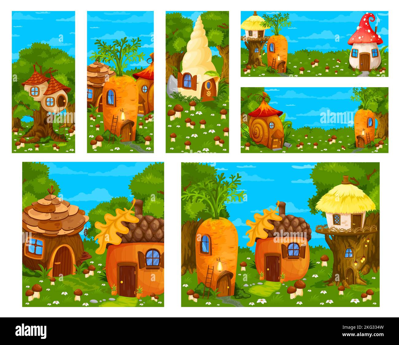 Game forest landscape. Cartoon fairy gnome houses, pixie forest ...