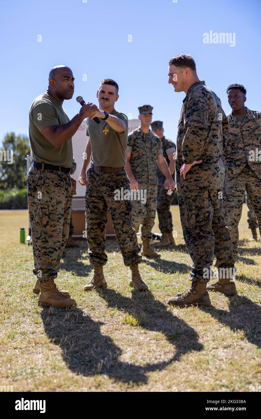U.S. Marines with Headquarters Battalion, Marine Force Reserve, take part in a pugil stick ...