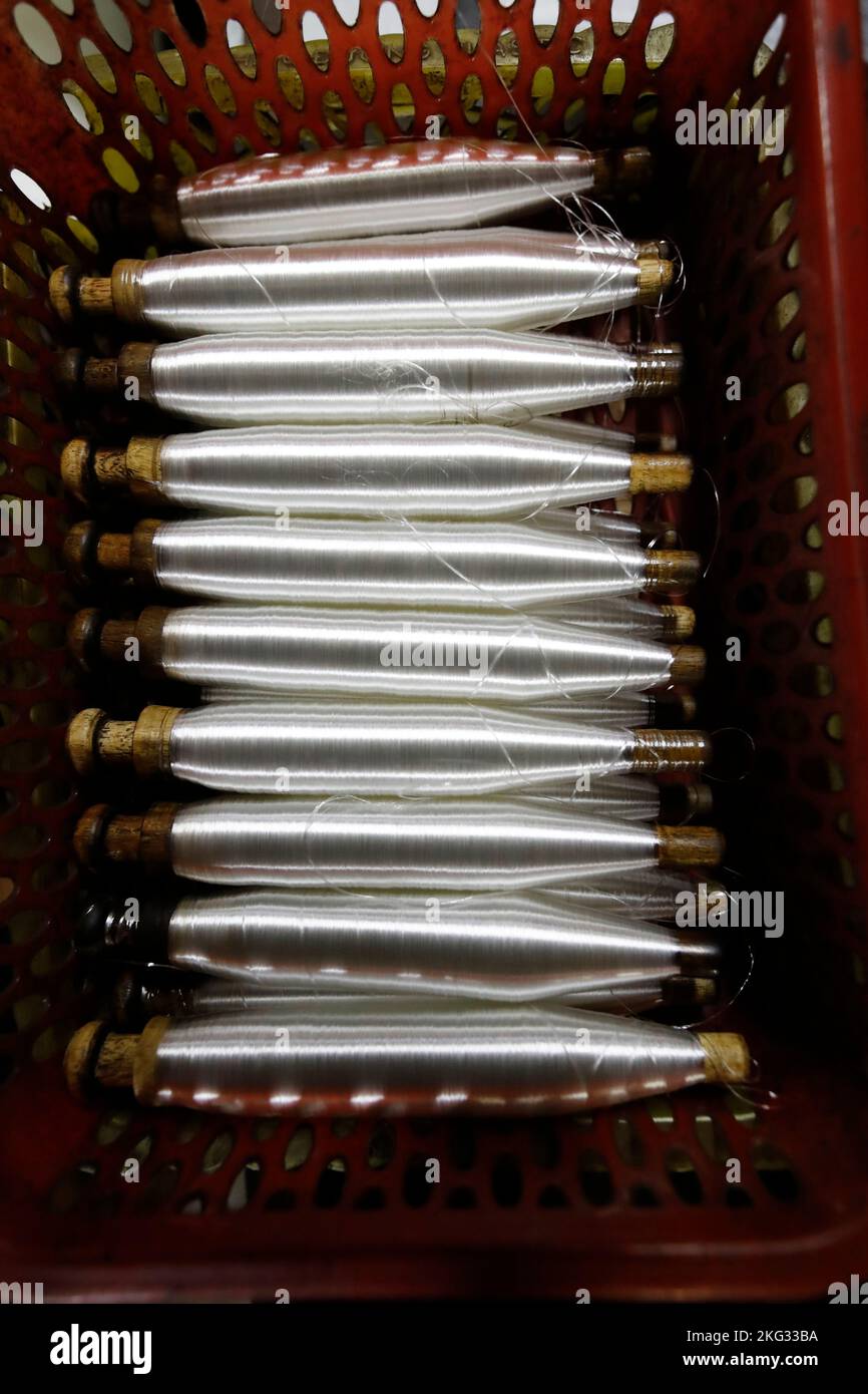 A traditional silk factory. Bobbins of silk threads. Tan Chau. Vietnam ...