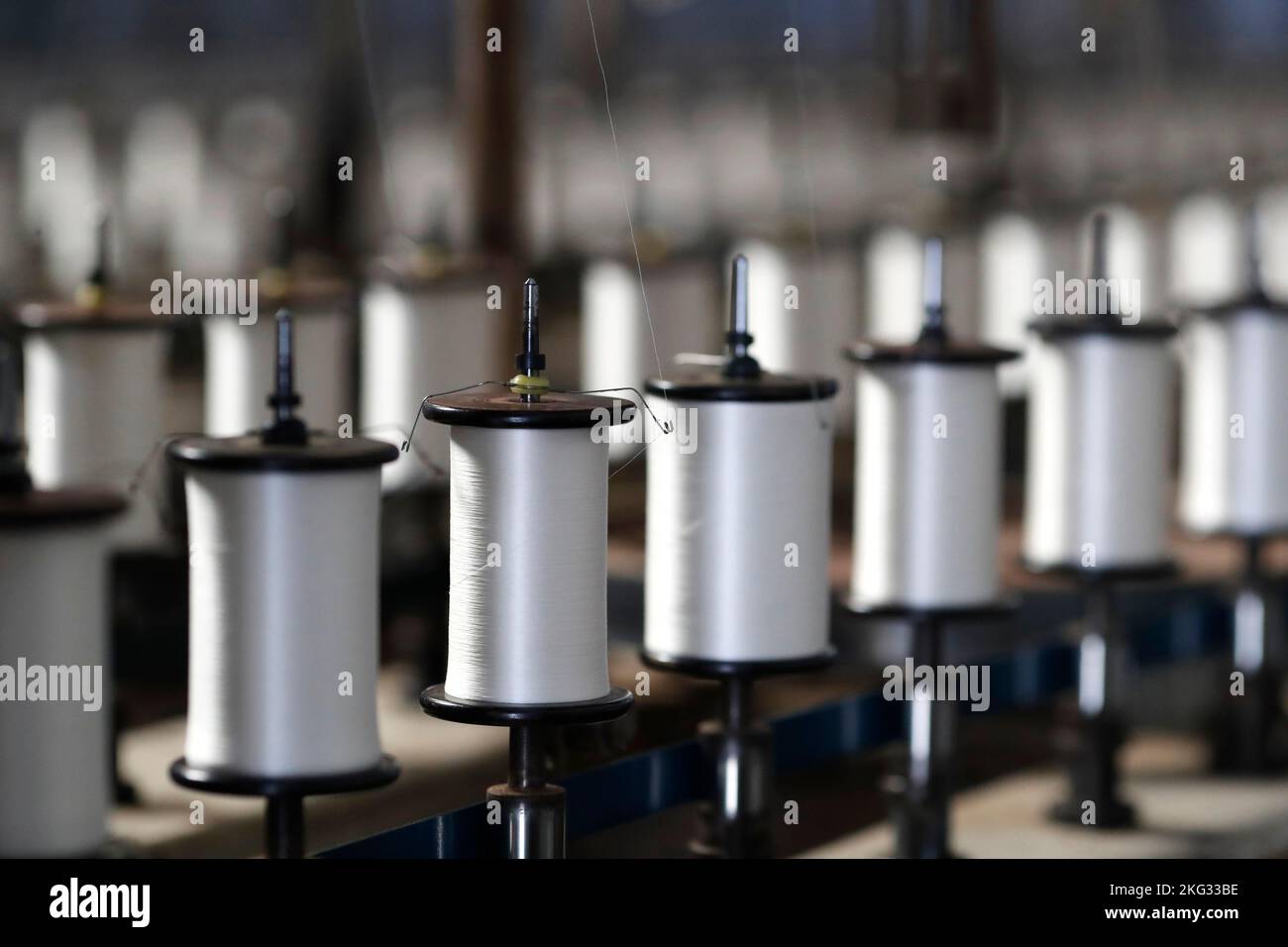 A traditional silk factory. Bobbins of silk threads. Tan Chau. Vietnam ...