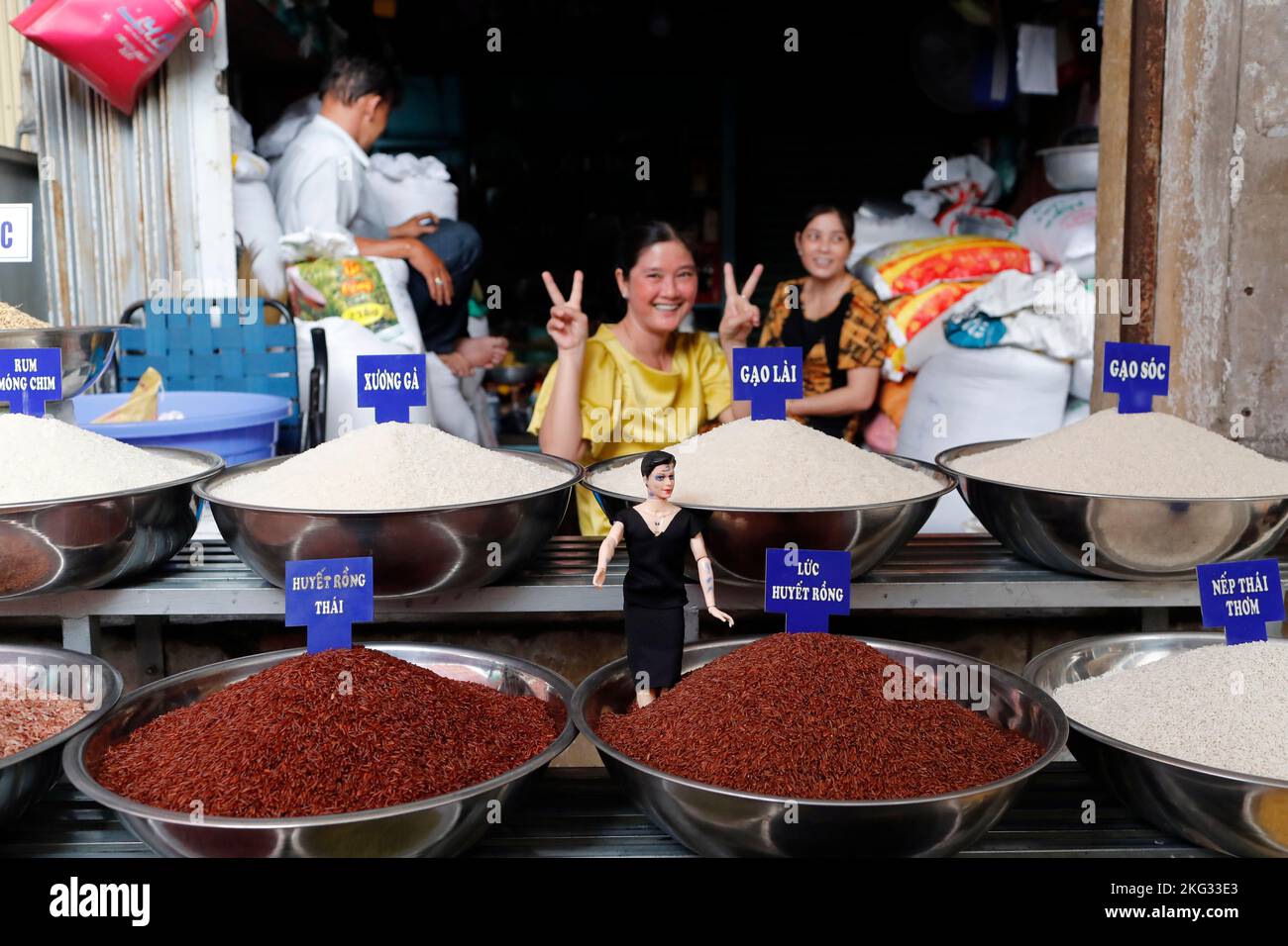 Different varieties of rice for sale on a local market. Tan Chau ...