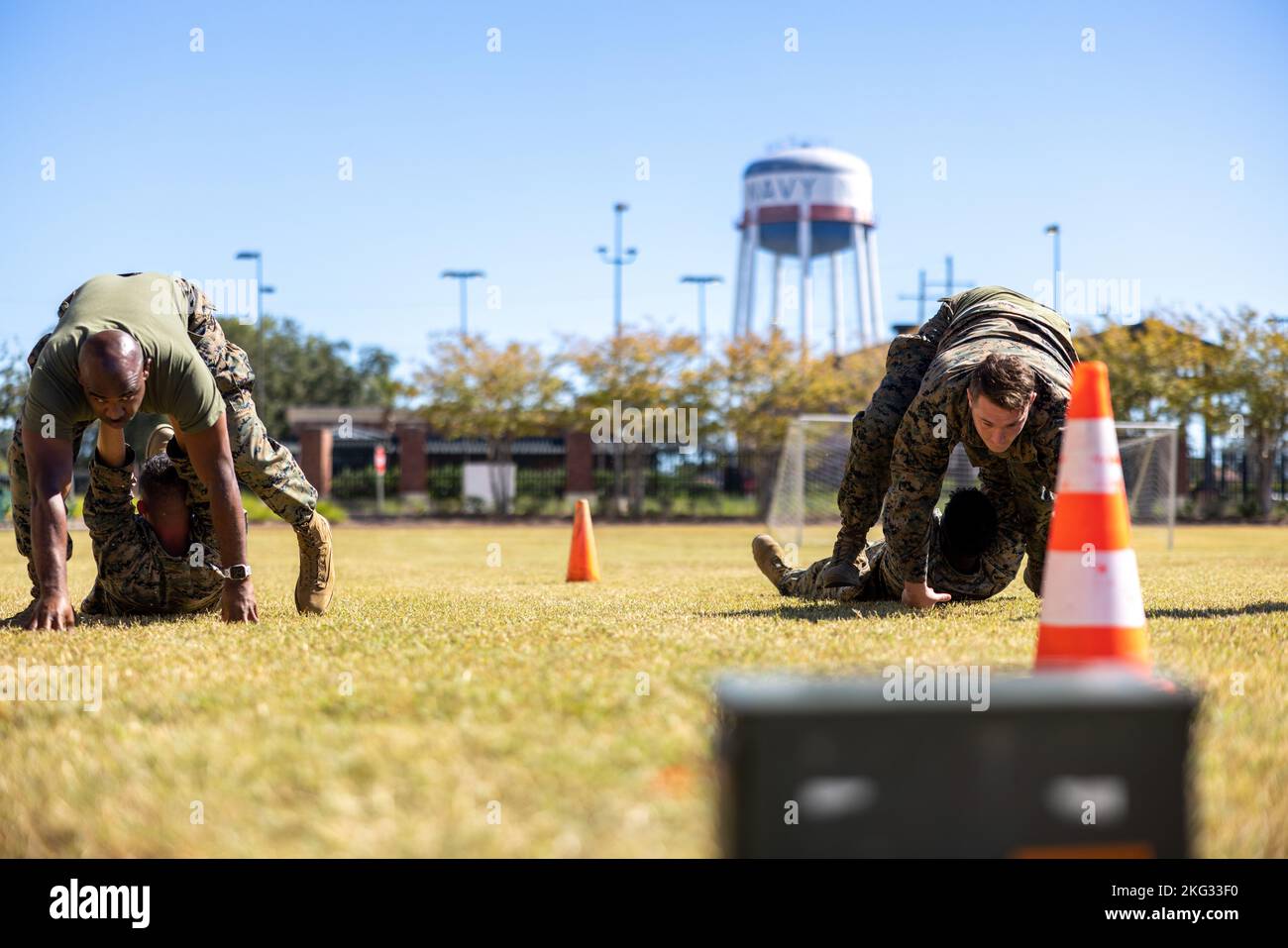 U.S. Marines with Headquarters Battalion, Marine Force Reserve, take part in a pugil stick ...
