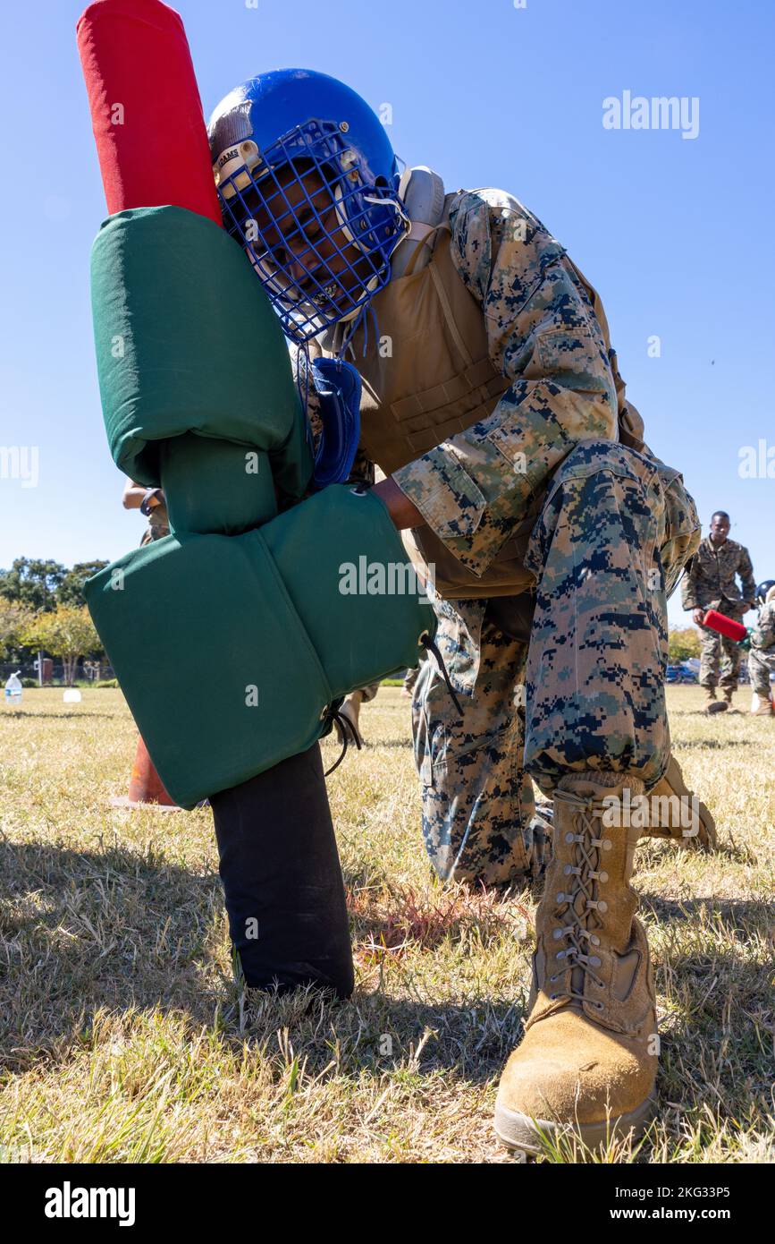 A U.S. Marine with Headquarters Battalion, Marine Force Reserve, takes part in a pugil stick ...