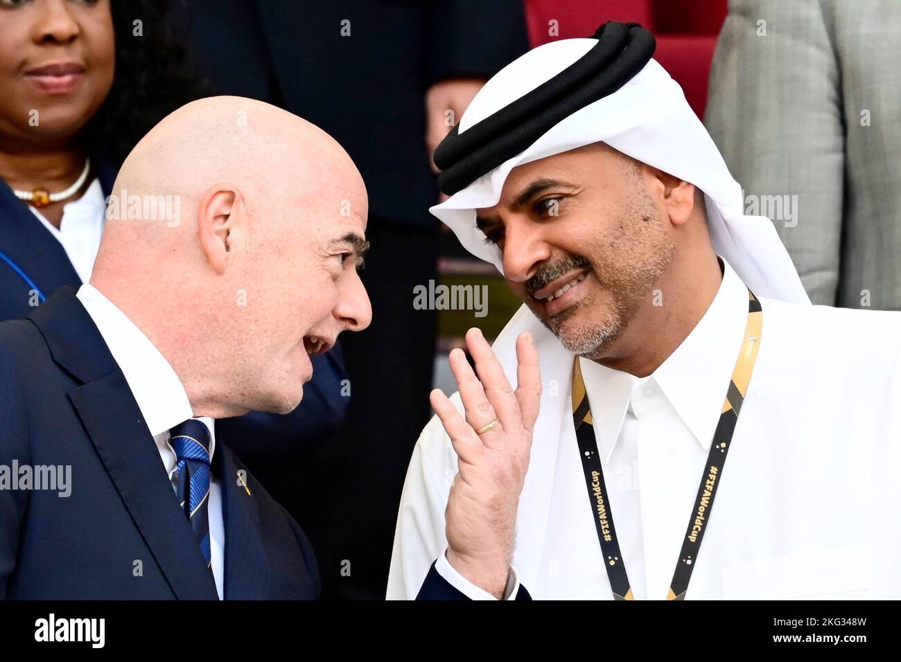 Doha, Qatar. 21st Nov, 2022. FIFA president Gianni Infantino and Qatar prime minister Sheikh ...