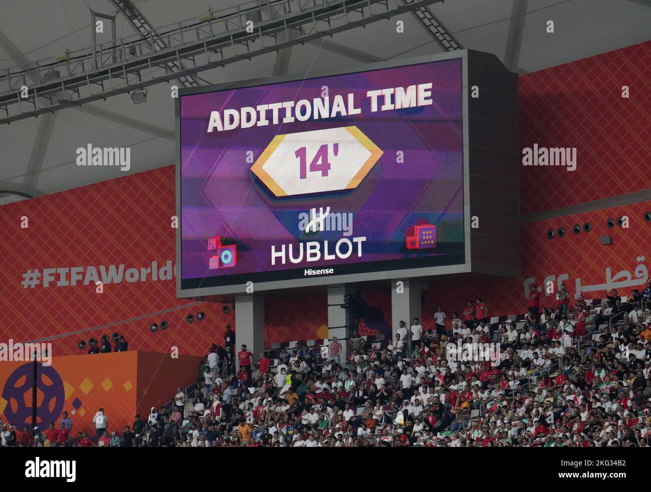 The big screen displays fourteen minutes of added time at the end of ...