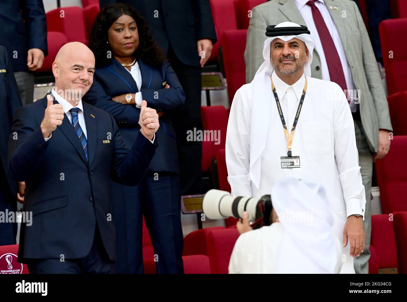 Doha, Qatar. 21st Nov, 2022. FIFA president Gianni Infantino and Qatar prime minister Sheikh ...