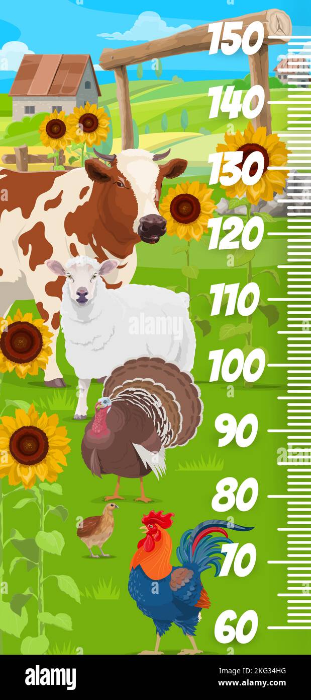Kids height chart ruler with farm animals and birds, vector growth ...